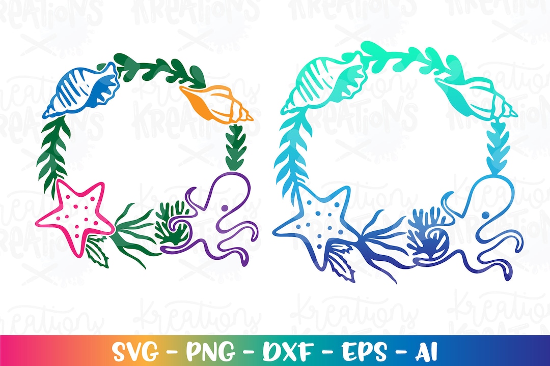 Ocean Monogram Wreath Svg Hand Drawn Octopus Seashell Starfish Svg Iron ...