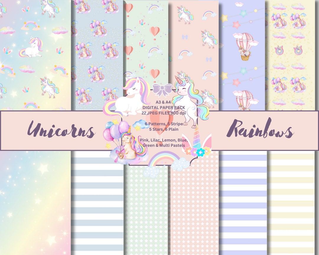Unicorn Rainbow Digital Paper: Pastel Scrapbook Designs (A3, A4 ...
