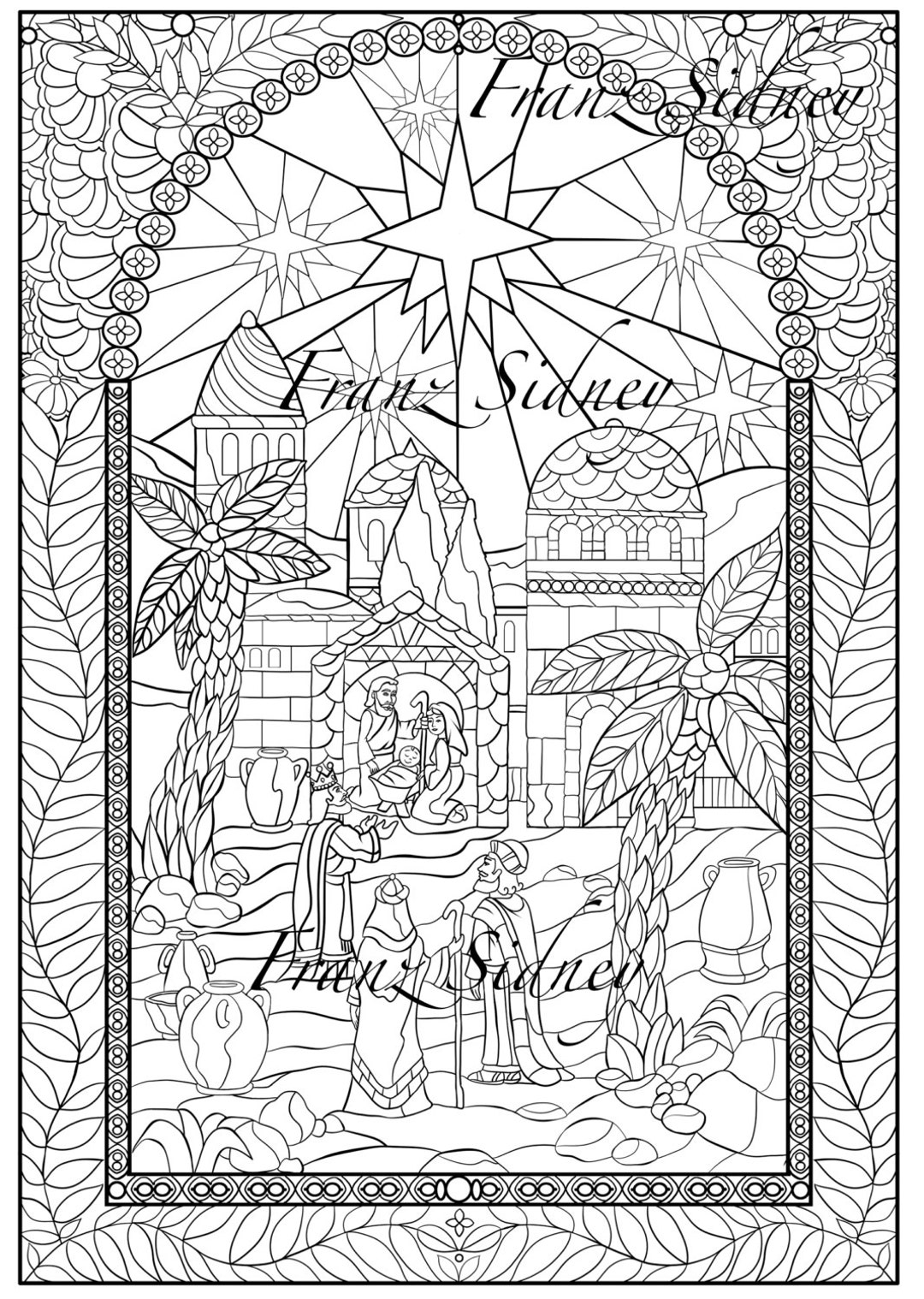 Nativity Scene Stained Glass Colouring Page Mary and Joseph Baby Jesus ...