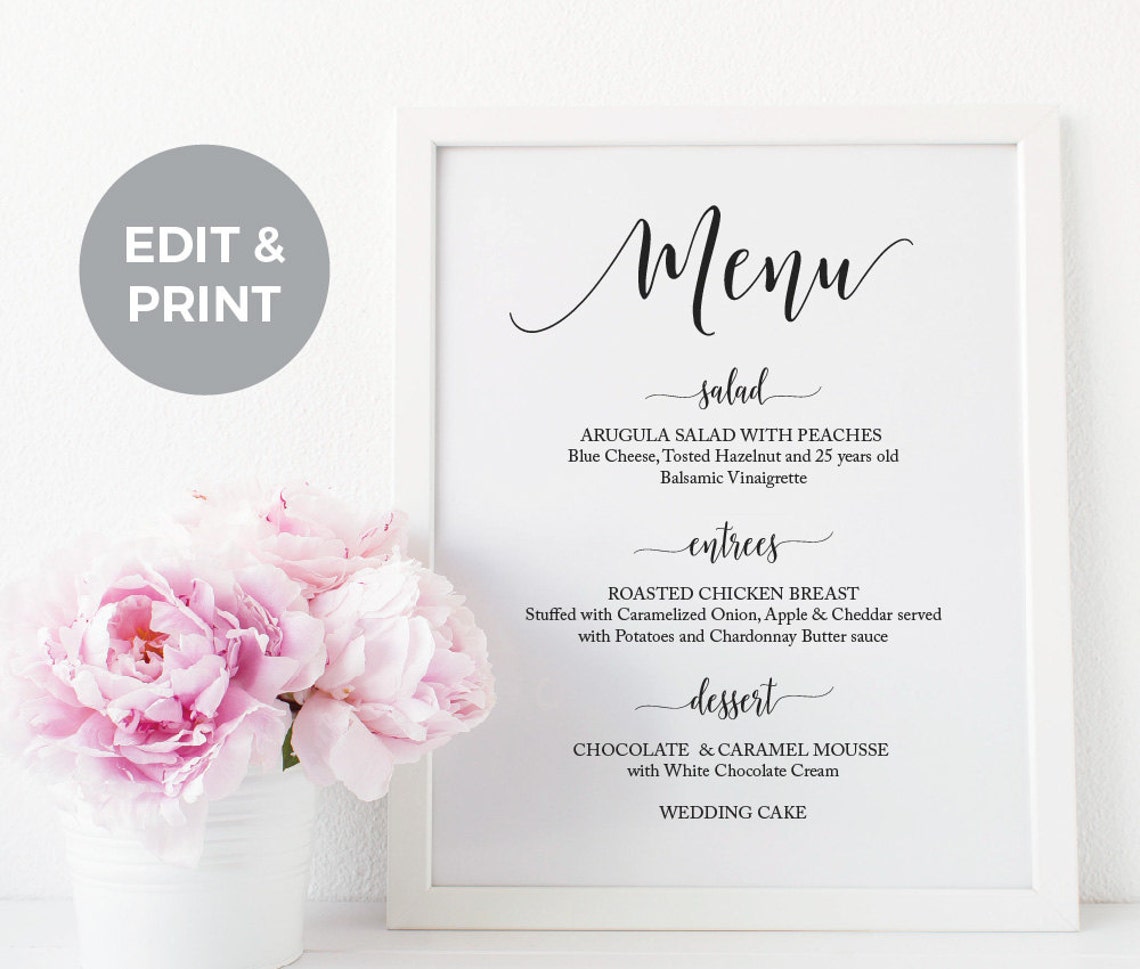 Wedding Menu Printable Wedding Menu Sign Wedding Menu - Etsy