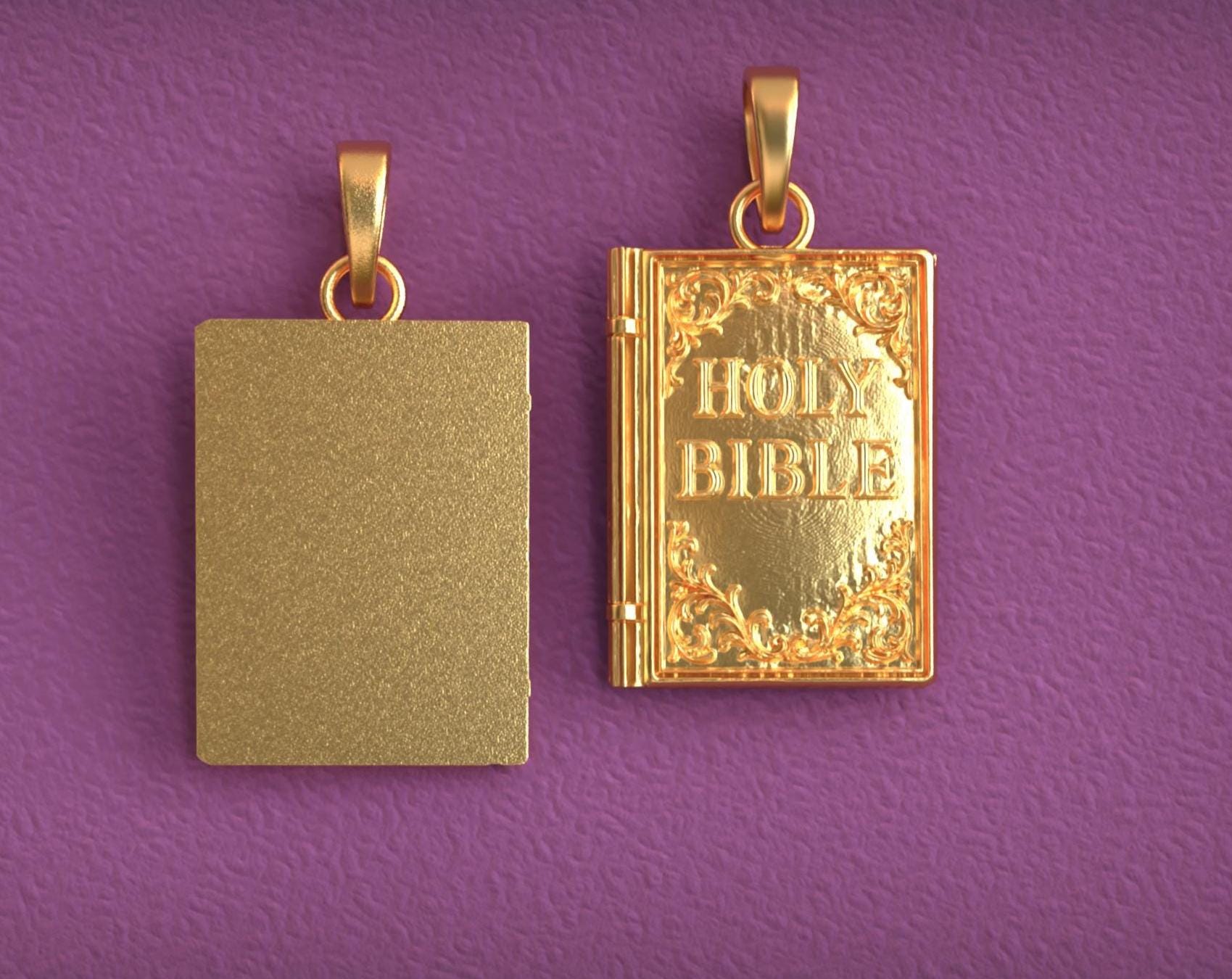 Solid Gold Bible Pendant: 10K/14K Religious Charm Necklace - Etsy