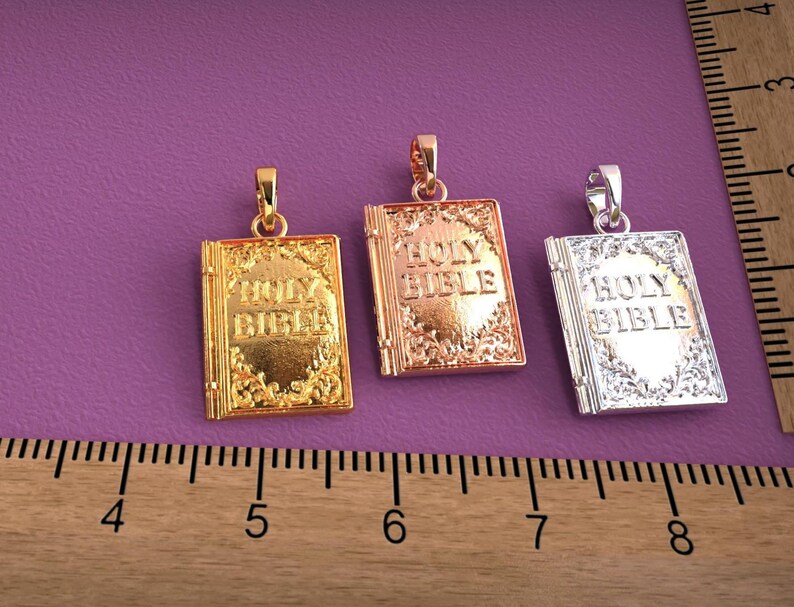 Solid Gold Bible Pendant: 10K/14K Religious Charm Necklace - Etsy
