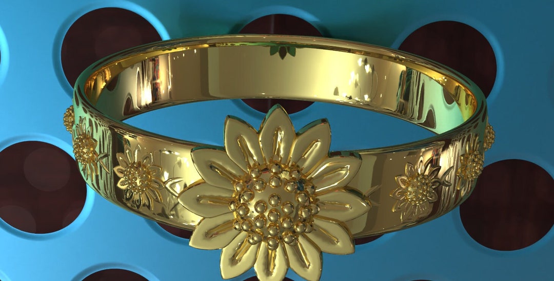 Solid Gold Flower Ring and Multi Sun Flowers Wide 10k 14k Gold Band Sun ...