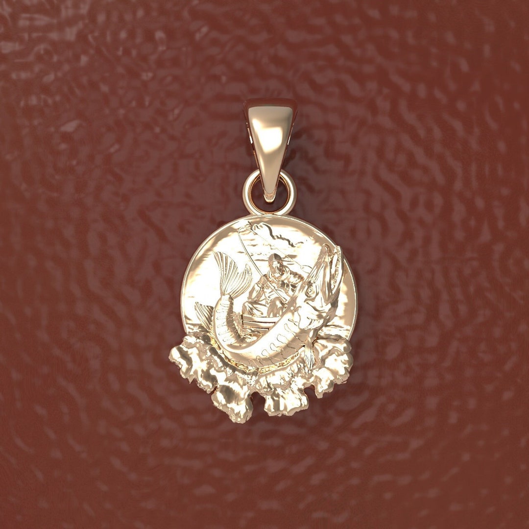 Solid 10K 14K Gold Fisherman With Fish Medallion Pendant Yellow, White ...