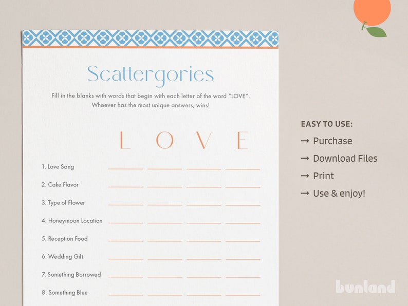 Scattergories: Spanish Blue Tile and Orange Bridal Shower Game (digital ...