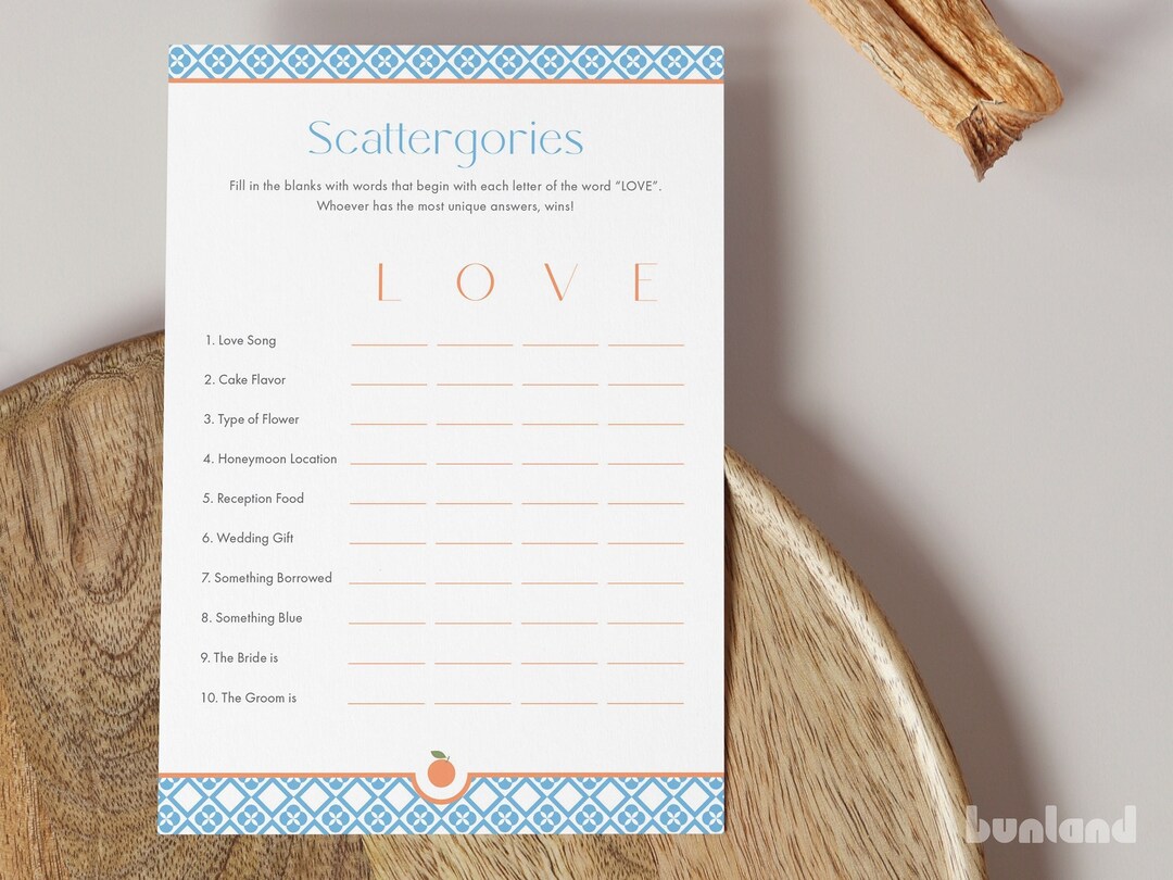 Scattergories: Spanish Blue Tile and Orange Bridal Shower Game (digital ...