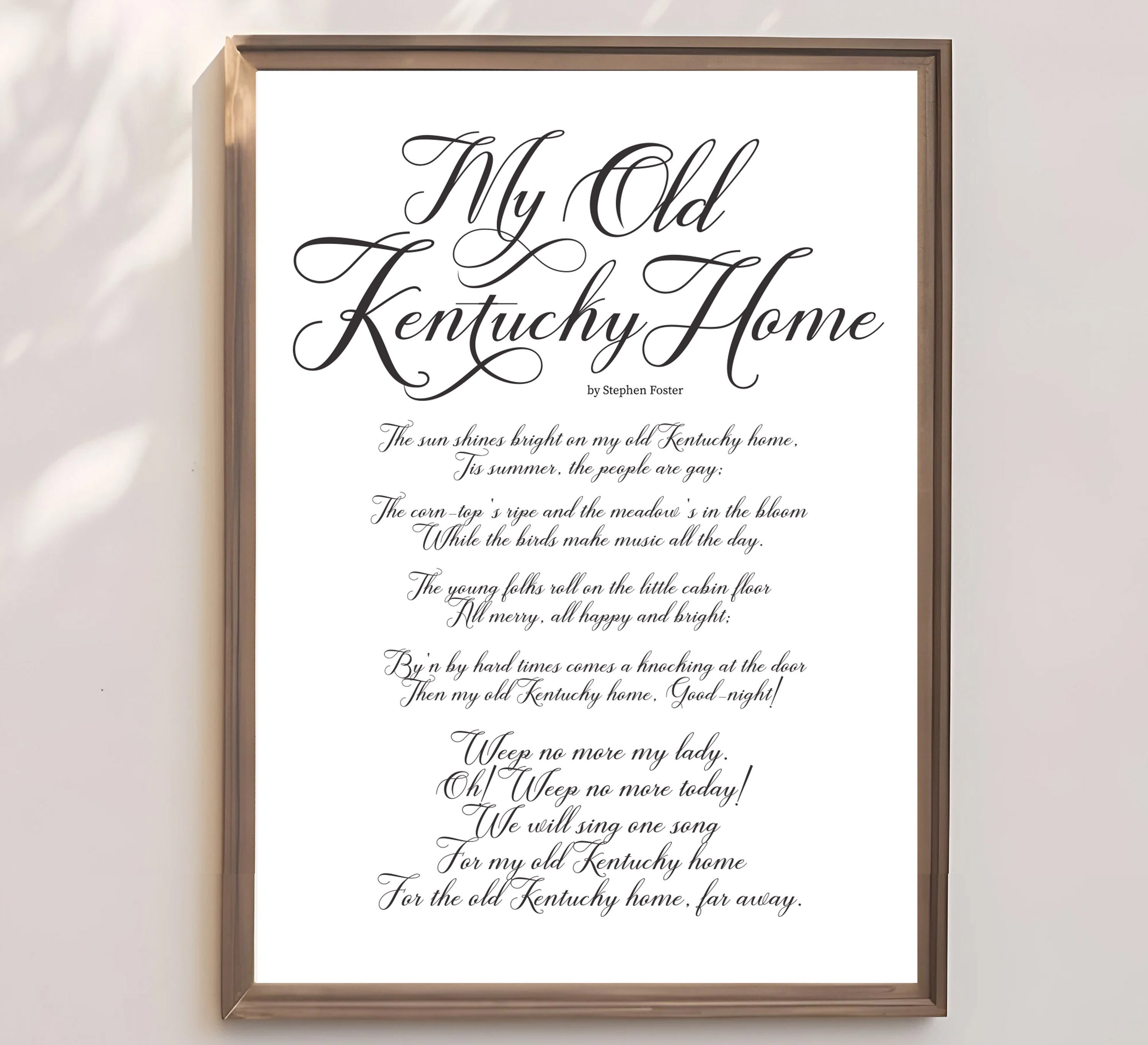 My Old Kentucky Home Lyrics Print, Script Font, Kentucky Derby Decor, Digital Download ...