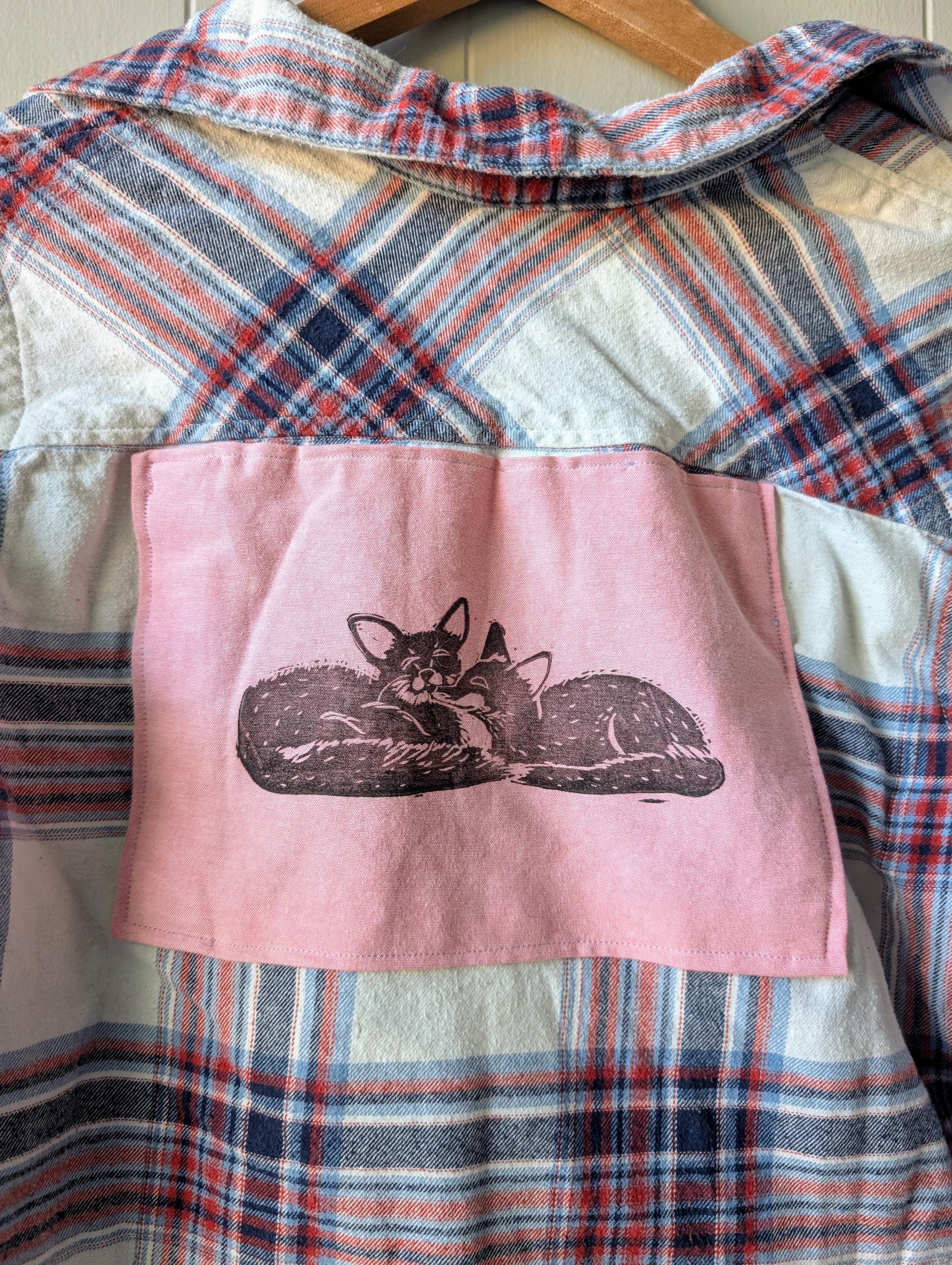 Button up Flannel - Foxes - Handprinted Block Print Patch - Upcycled, Thrifted - Etsy