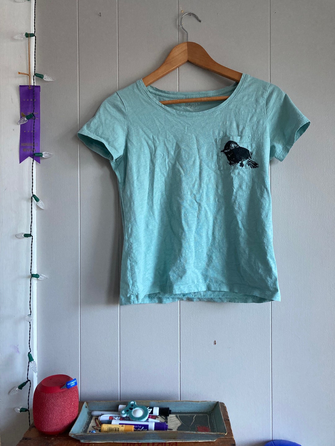 T Shirt chickadee Handprinted Block Print Cotton, Teal - Etsy