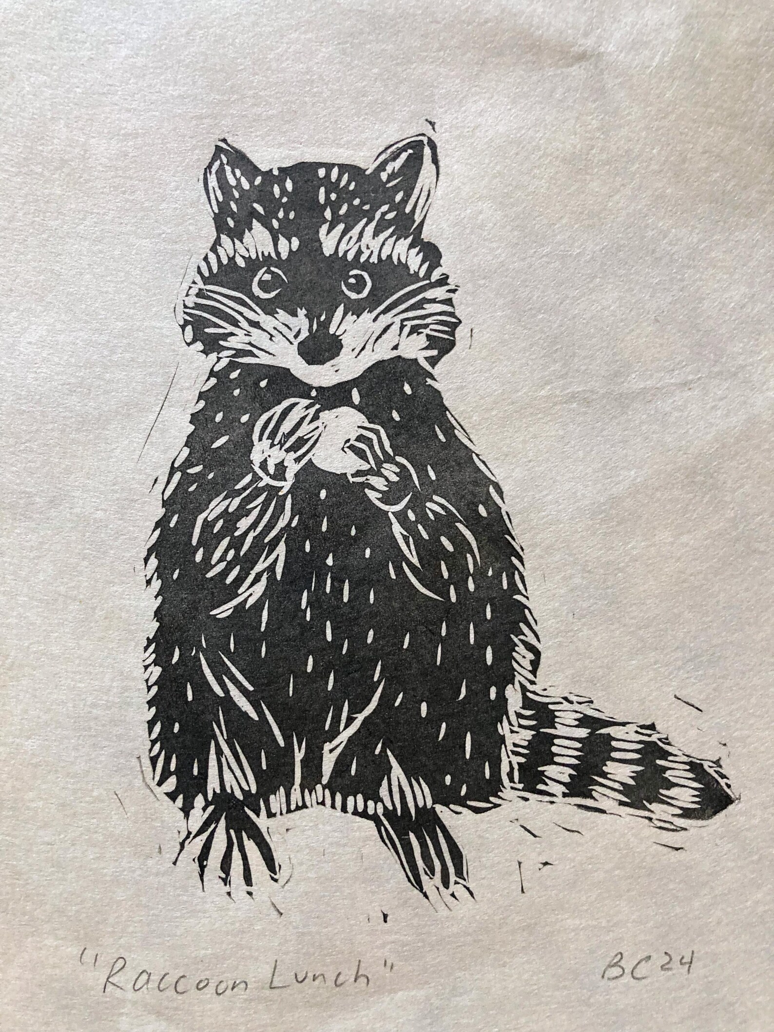 Raccoon Lunch Block Print Original Linocut - Etsy