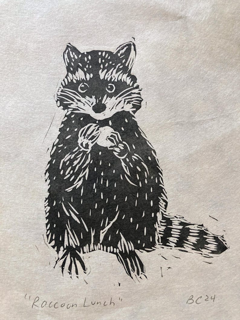Raccoon Linocut - "raccoon Lunch" - Original Handmade Print - Etsy