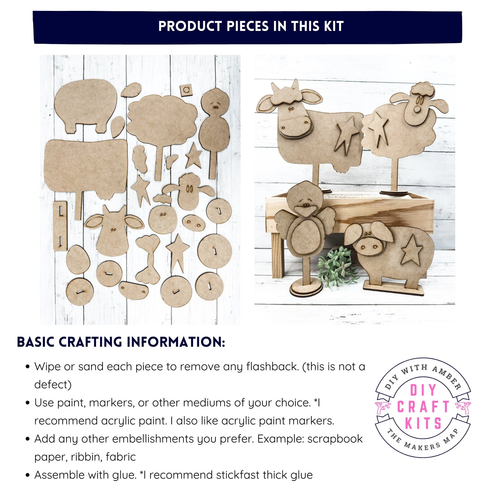 Set of 4 Farm Animals DIY Kit | Standing Cow Pig Sheep Chicken Wooden ...