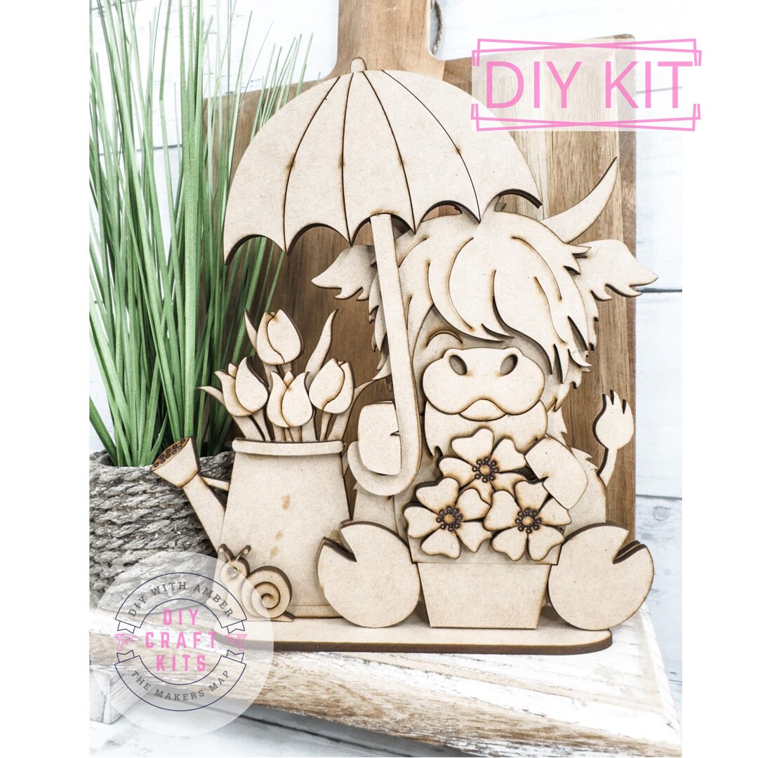 Spring Highland Cow and Umbrella DIY Kit | Spring Decor | Wood Blank ...