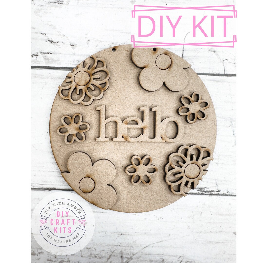 Floral Hello Sign DIY Kit | 5 in Round Sign | Hello Spring Decor Wood ...