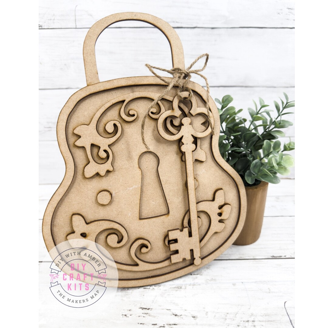 Antique Padlock and Key Sign DIY Kit Wooden Craft DIY Unfinished Wood ...