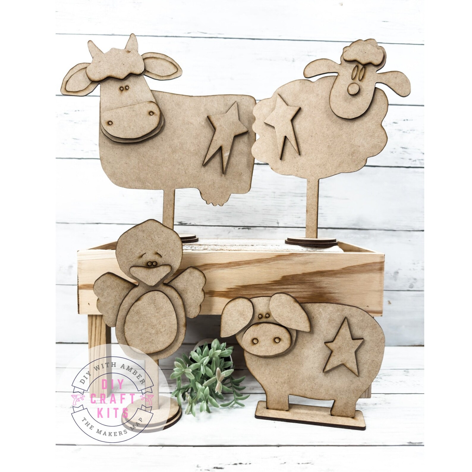 Set of 4 Farm Animals DIY Kit | Standing Cow Pig Sheep Chicken Wooden ...