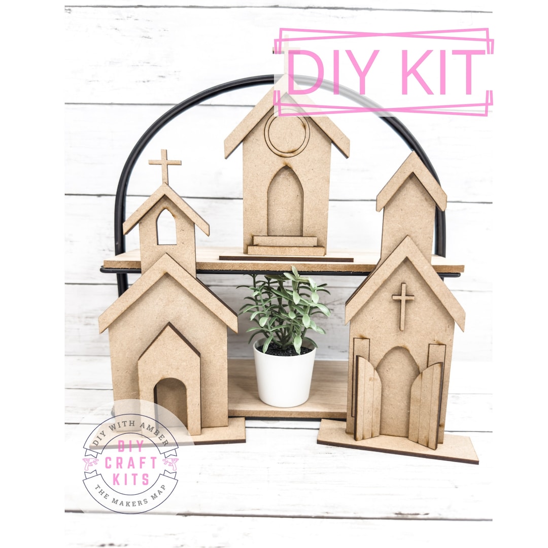 Wooden Church Sitter Trio DIY Craft Kit | Farmhouse Tiered Tray Decor ...