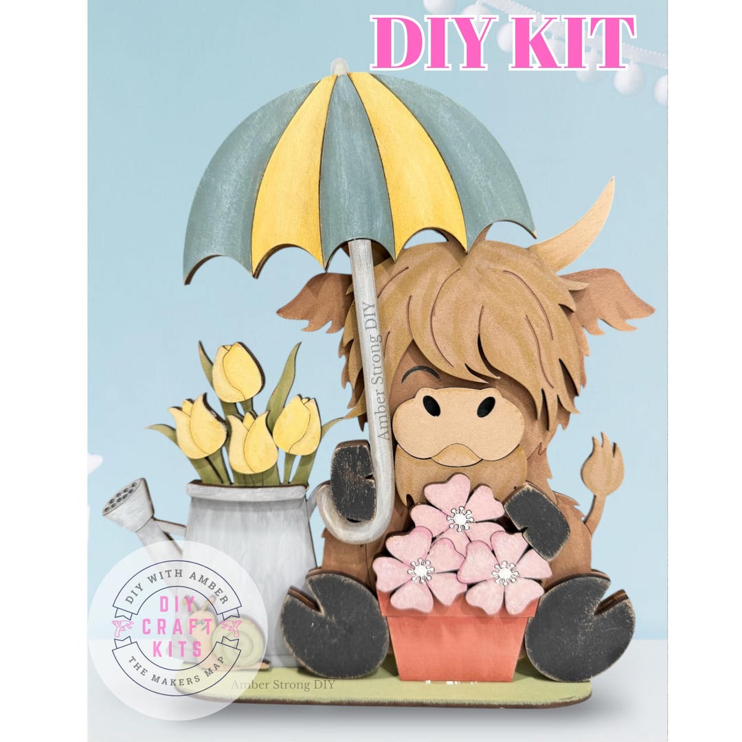 Spring Highland Cow and Umbrella DIY Kit | Spring Decor | Wood Blank ...