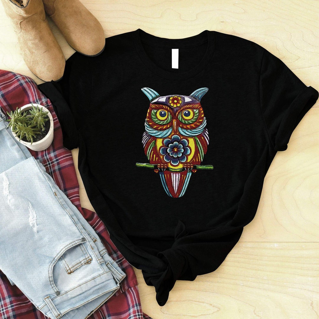 Retro Flower Owl T-shirt Black - Etsy