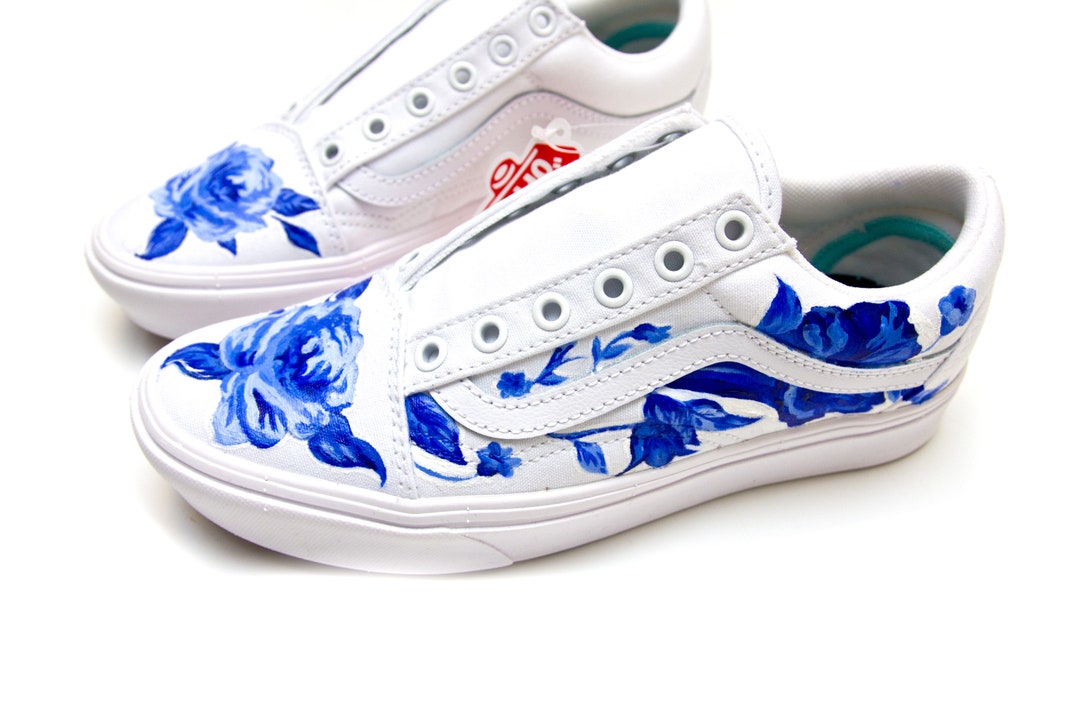 Custom Painted Blue Flower Vans - Etsy
