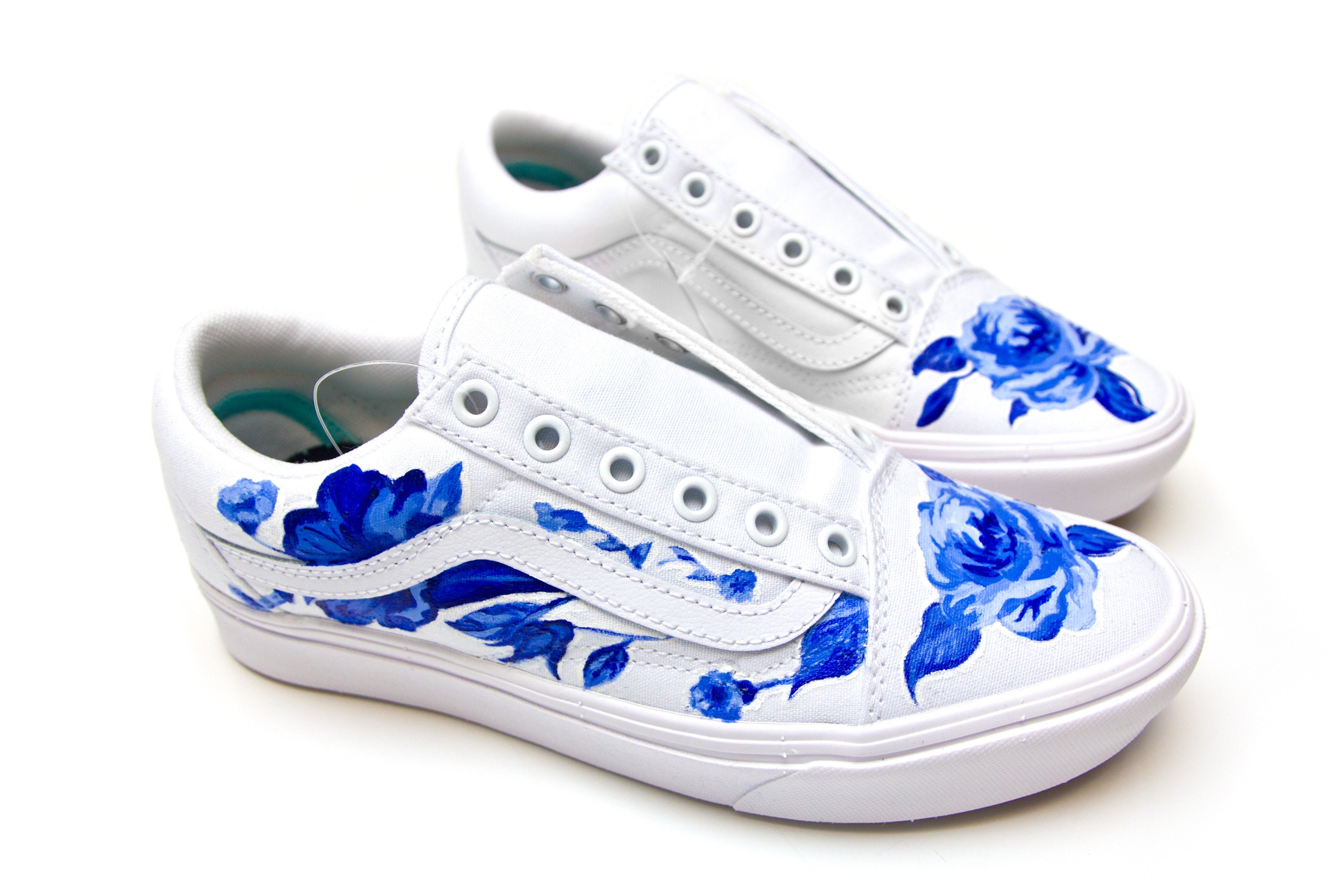 Custom Painted Blue Flower Vans - Etsy