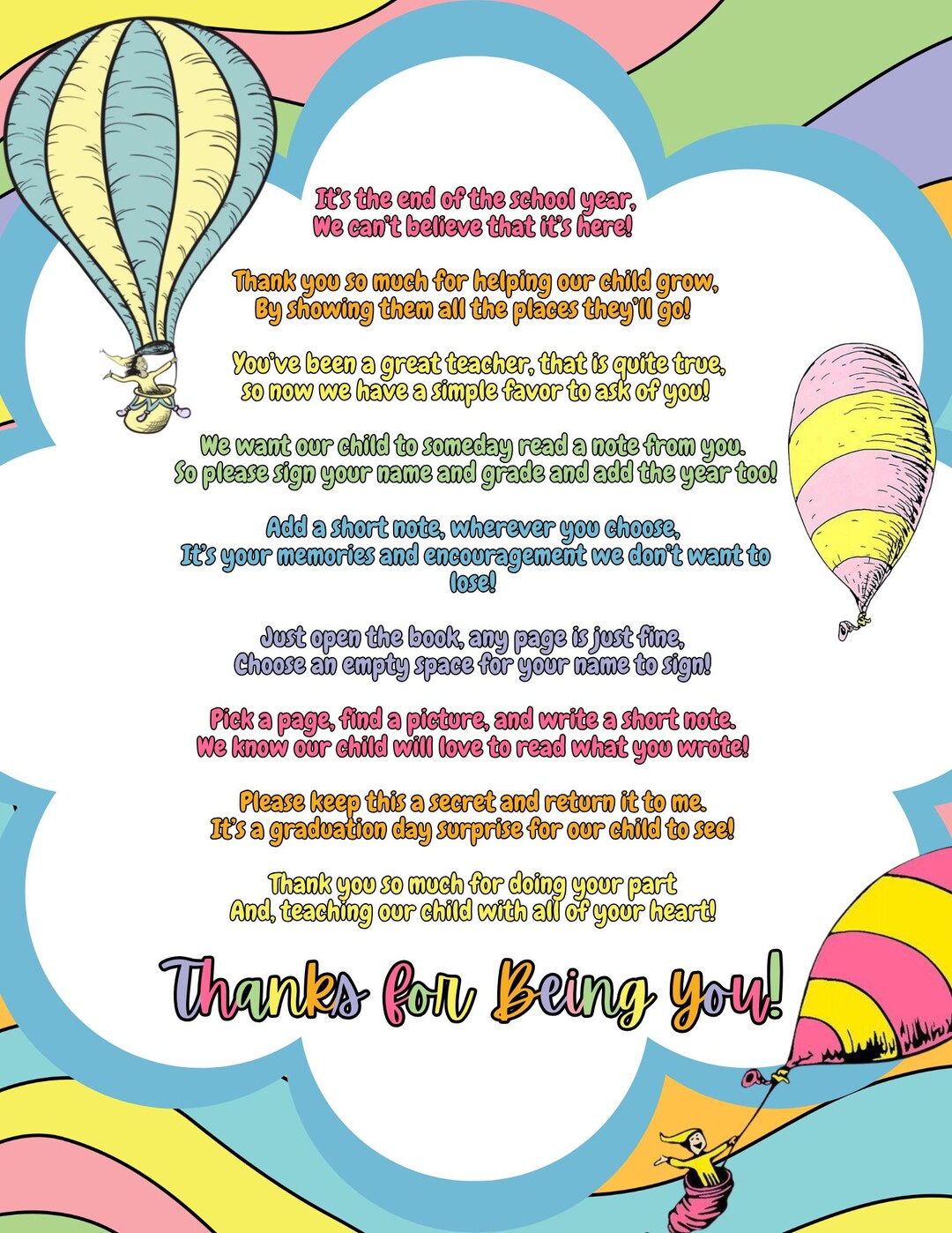 Oh the Places You'll Go Instruction Card for Teachers to Sign Book ...