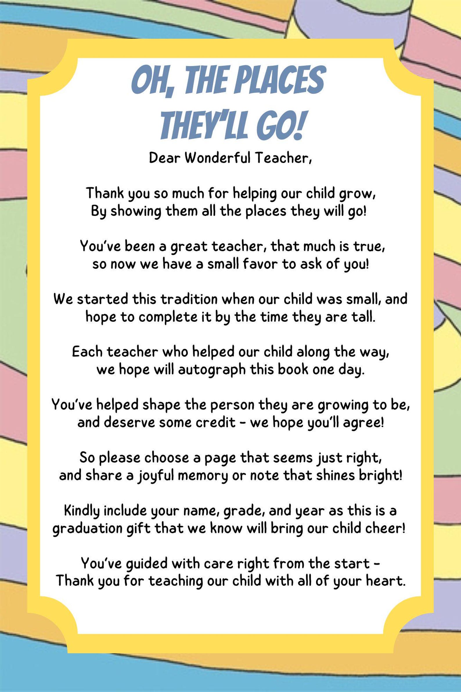 Oh the Places You'll Go Instruction Card for Teachers to Sign Book ...