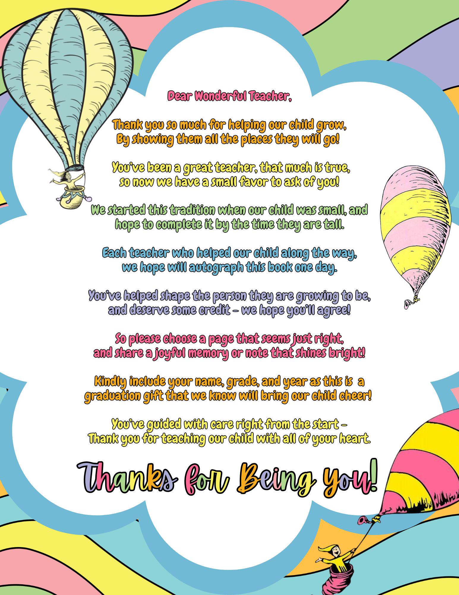 Oh the Places You'll Go Instruction Card for Teachers to Sign Book ...