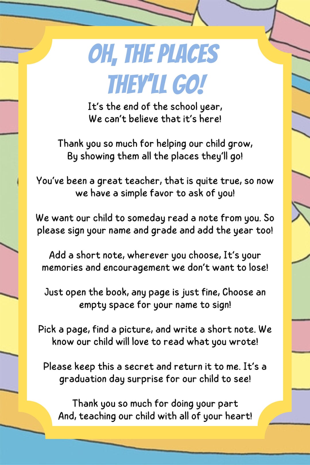 Oh the Places You'll Go Instruction Card for Teachers to Sign Book ...