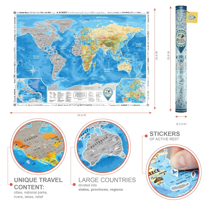 Scratch-off World Map Silver XXL 88 X 62 Cm US States and CA Provinces ...
