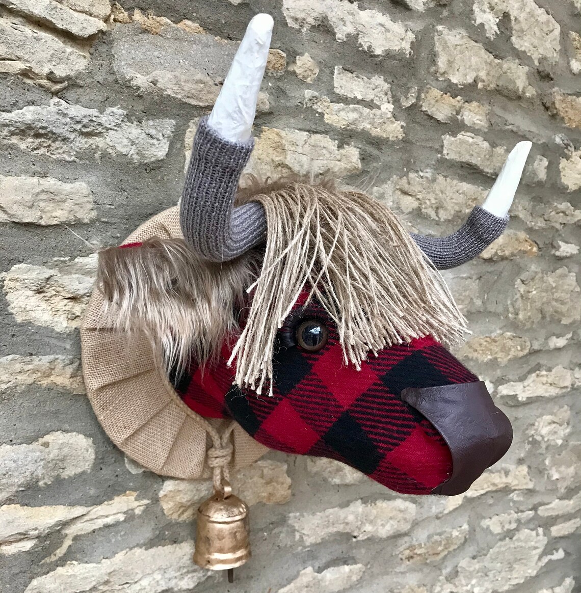 Highland Cow Head Faux Taxidermy in Black and Red Lumberjack | Etsy UK
