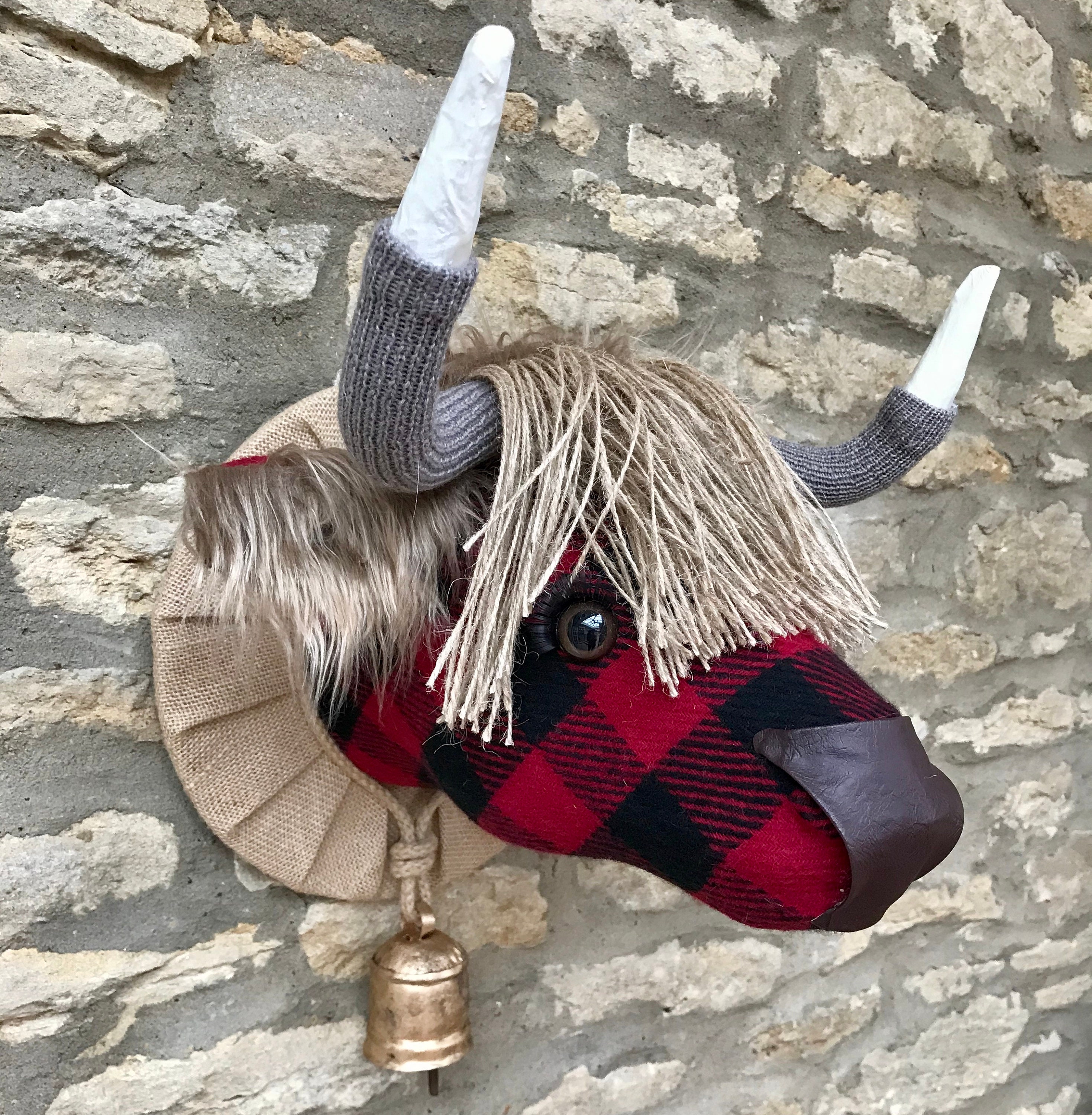 Highland Cow Head Faux Taxidermy in Black and Red Lumberjack - Etsy UK
