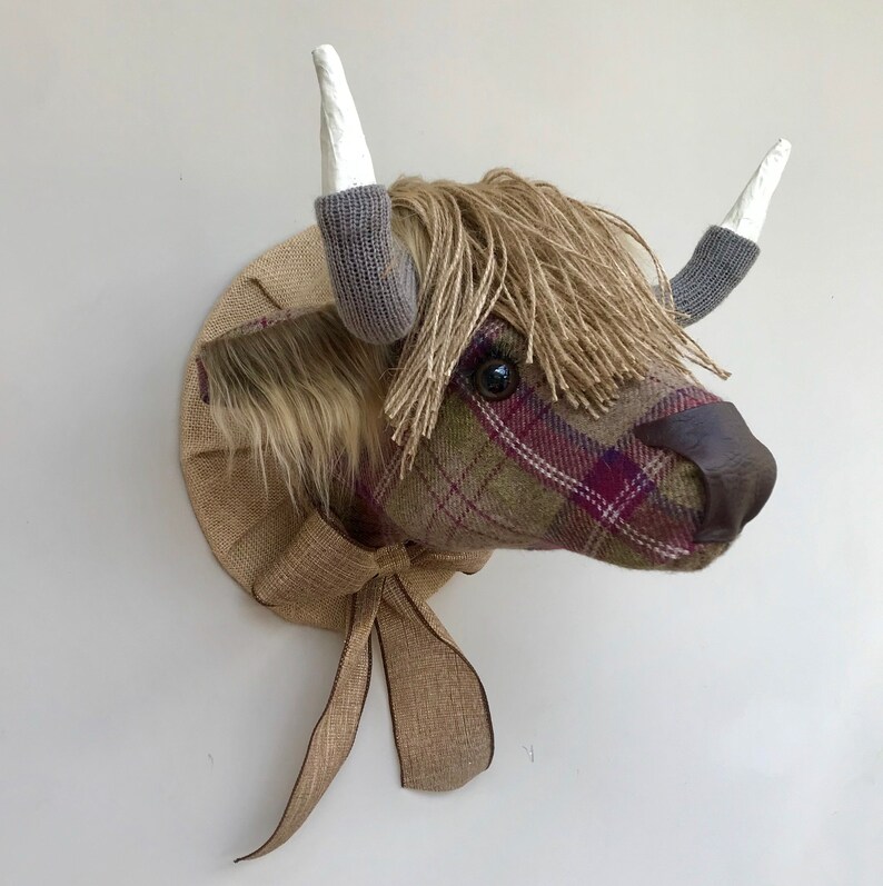 Highland Cow Head Faux Taxidermy Handmade Berry Check Tweed - Etsy UK