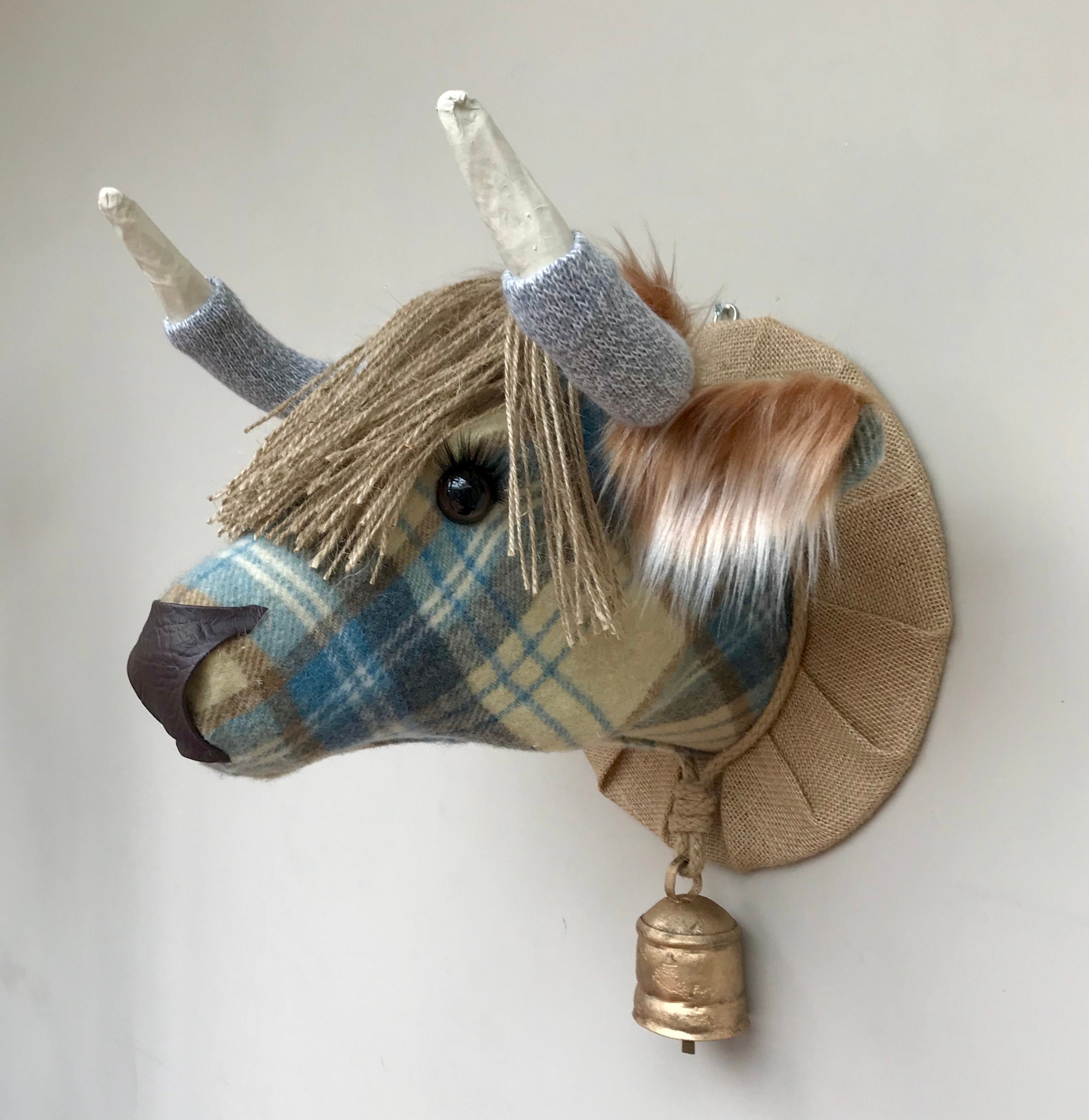 Highland cow head handmade faux taxidermy blue and cream tweed | Etsy