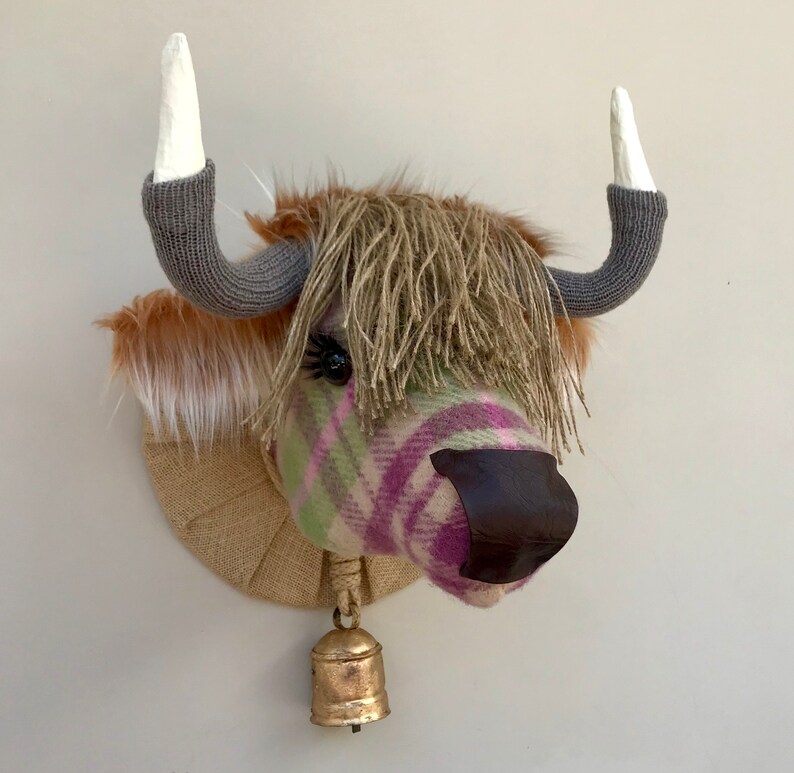 Handmade Highland Cow Head Faux Taxidermy 100% New Wool Cottage Check ...