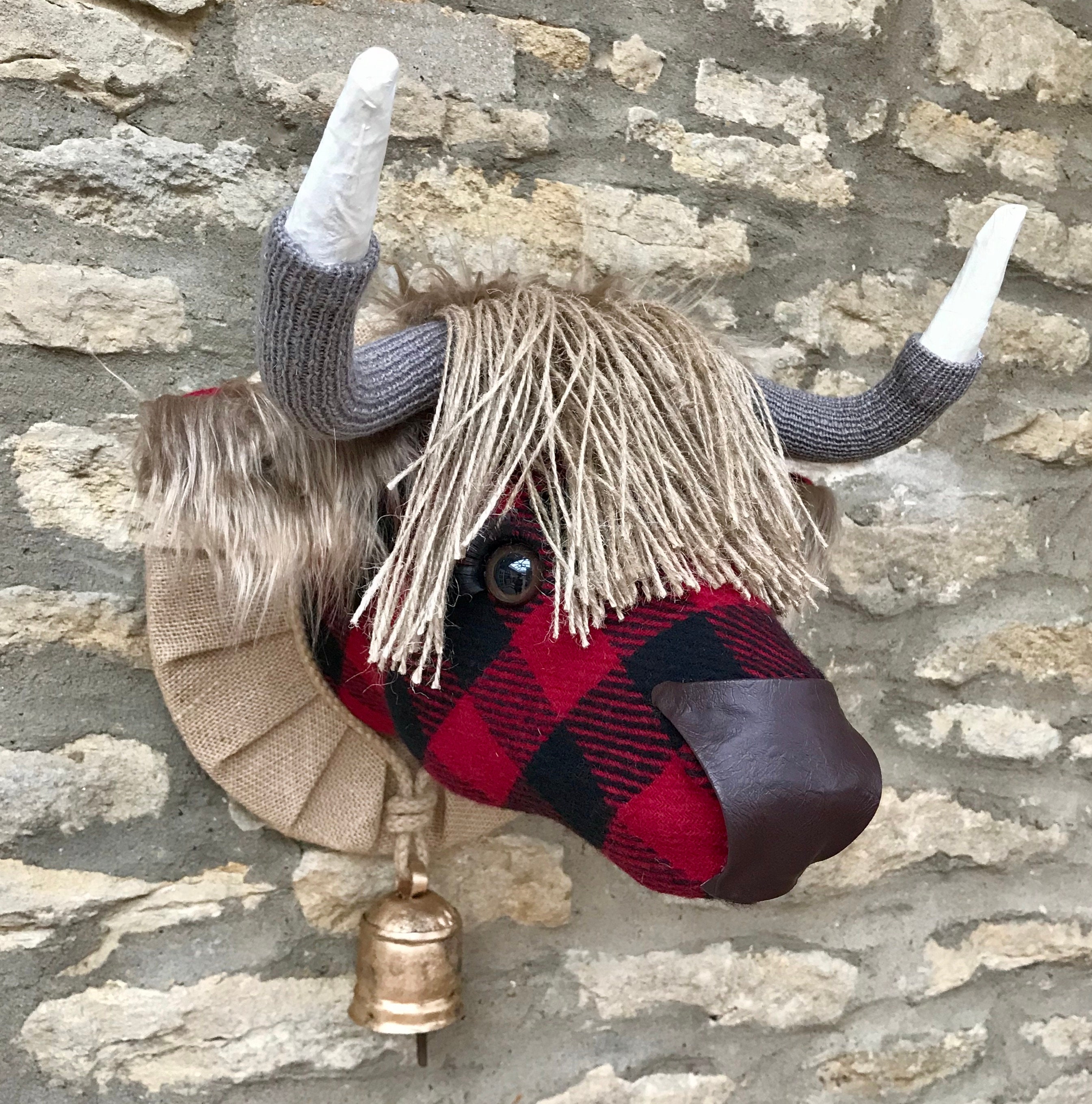 Highland Cow Head Faux Taxidermy in Black and Red Lumberjack - Etsy UK