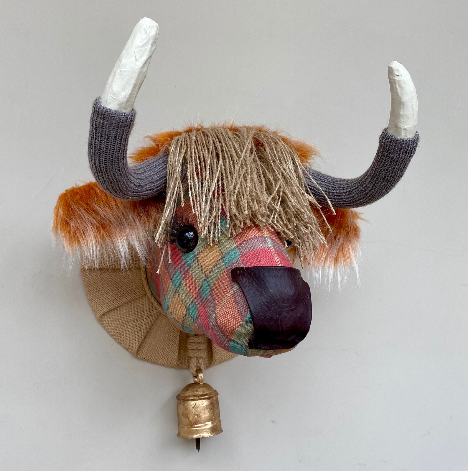 Highland Cow Head Faux Taxidermy Sheil Plaid Check Fabric Wall Mounted ...