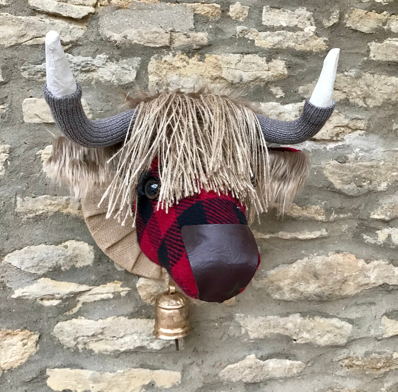 Highland Cow Head Faux Taxidermy in Black and Red Lumberjack | Etsy UK