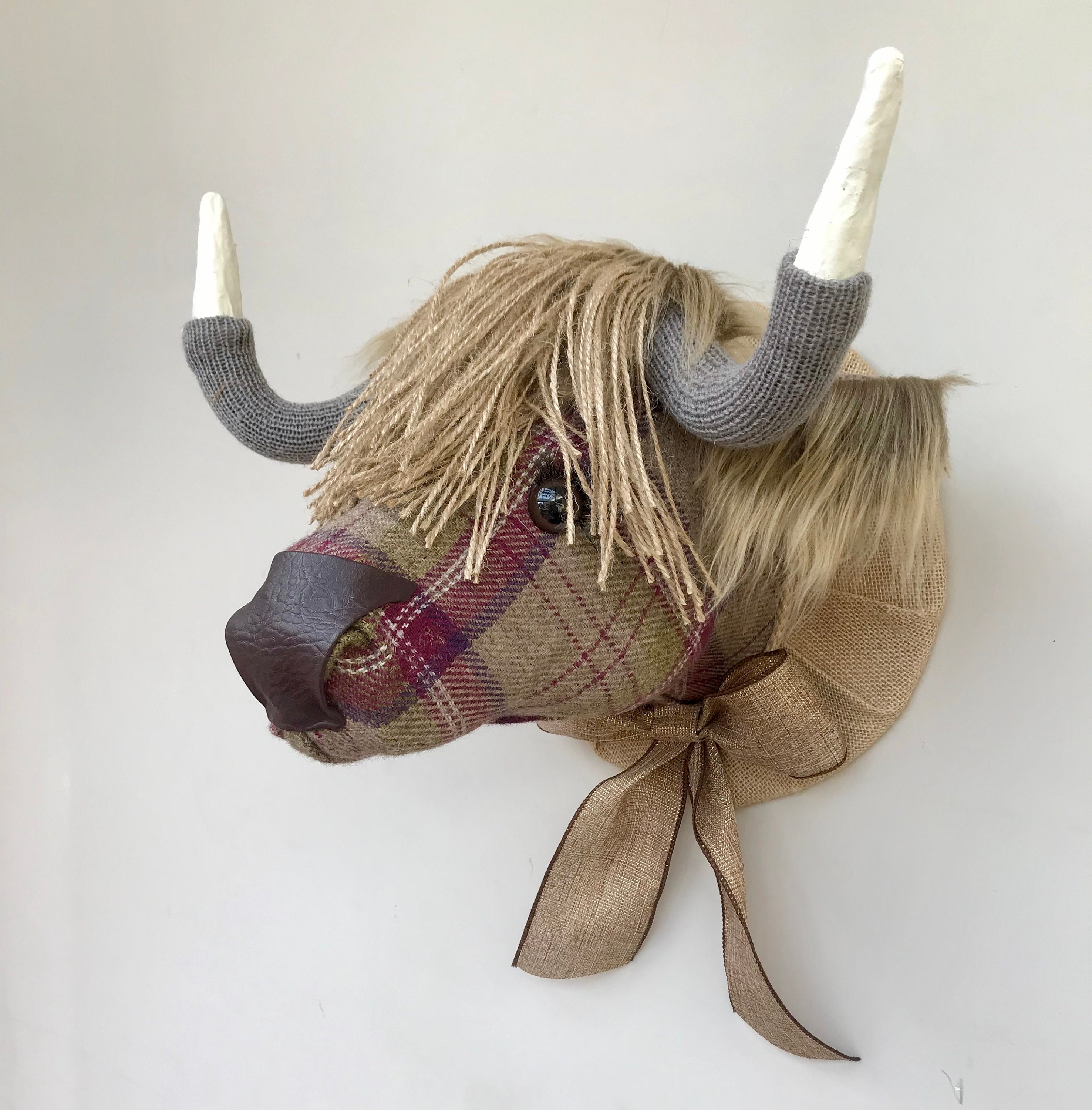 Highland Cow Head Faux Taxidermy Handmade Berry Check Tweed - Etsy UK