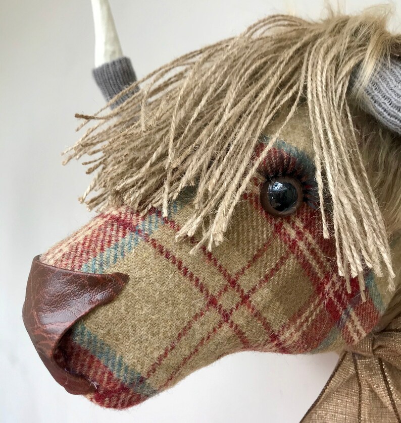 Highland Cow Head Faux Taxidermy Handmade Brown and Red Checked Tweed ...