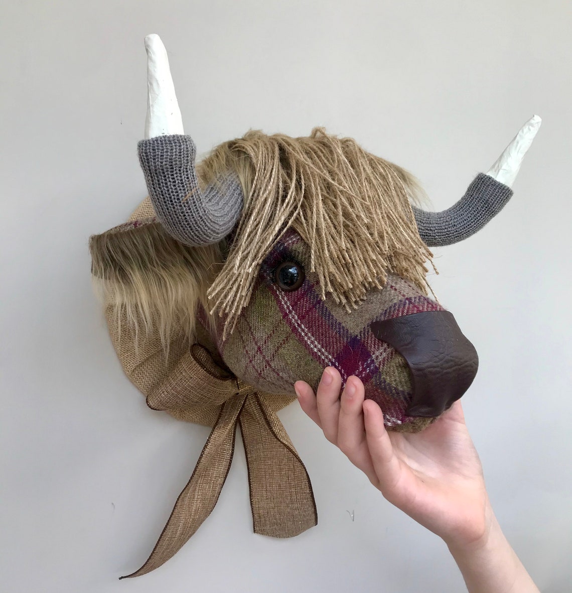 Highland Cow Head Faux Taxidermy Handmade Berry Check Tweed - Etsy UK