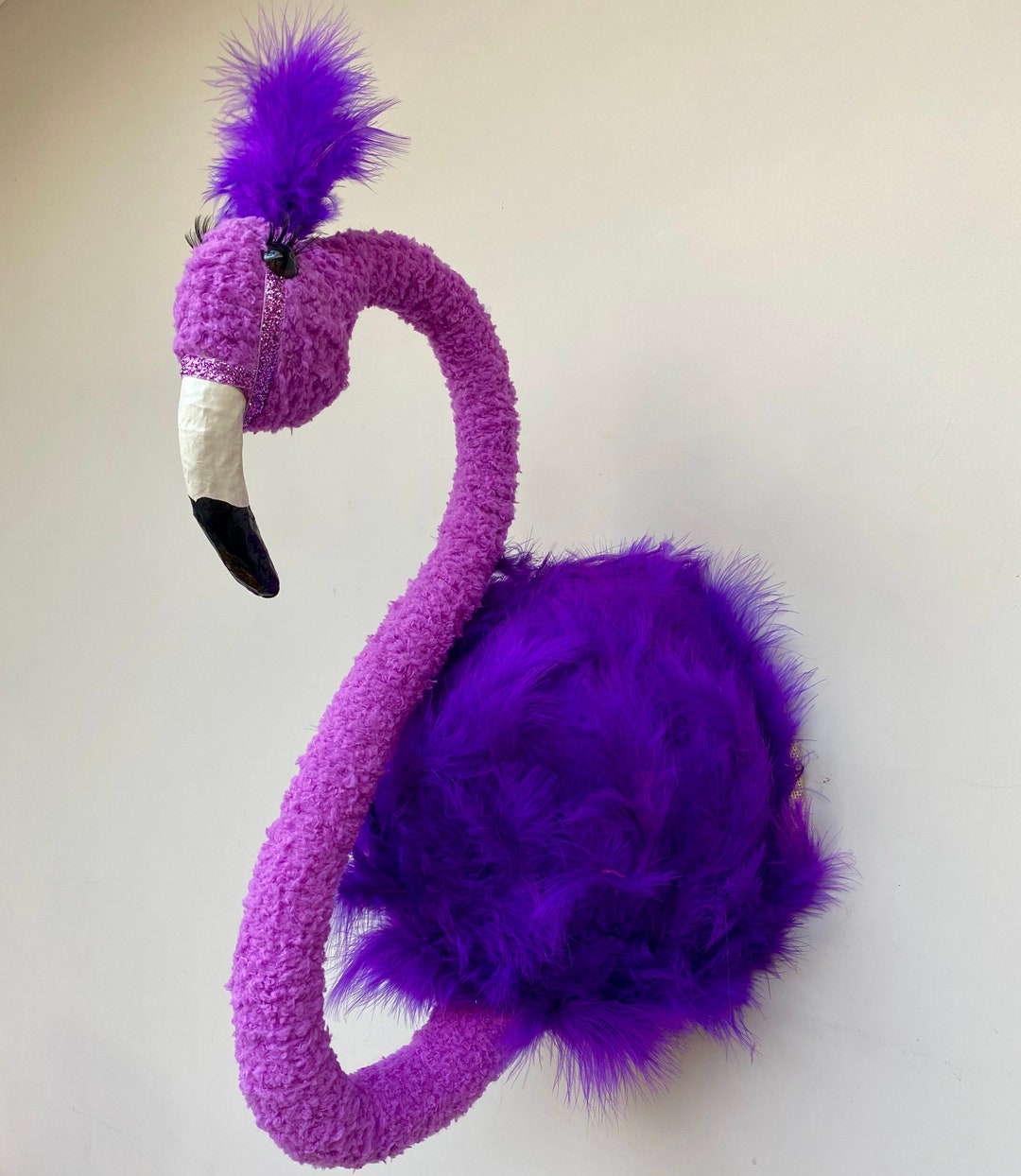 Flamingo Head Handmade Faux Taxidermy Purple Feathered Wall Mounted ...