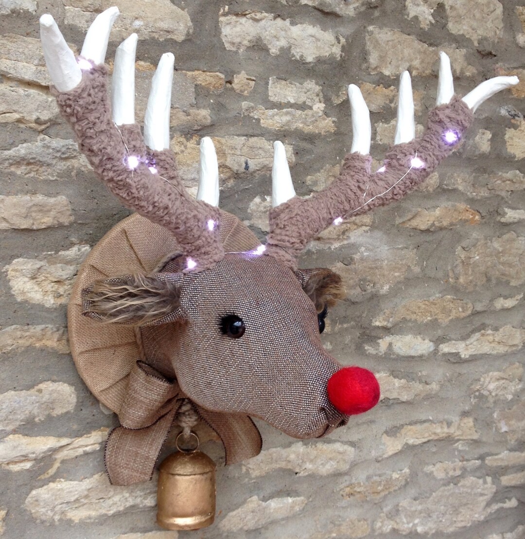 Reindeer Head Handmade Rudolph Faux Taxidermy With Fairy Lights Wall ...