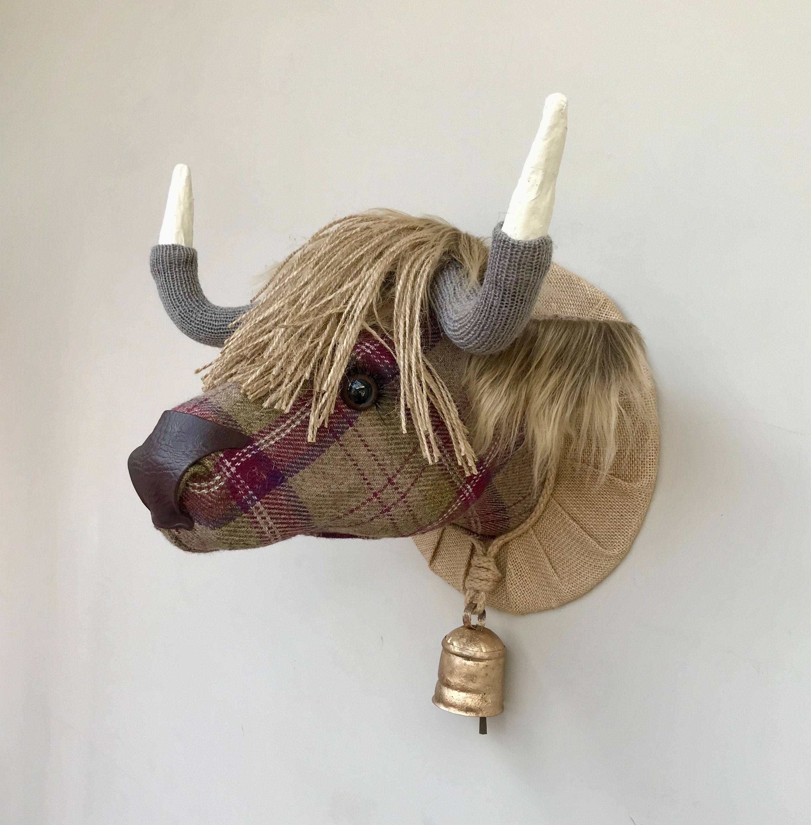 Highland Cow Head Faux Taxidermy Handmade Berry Check Tweed - Etsy UK
