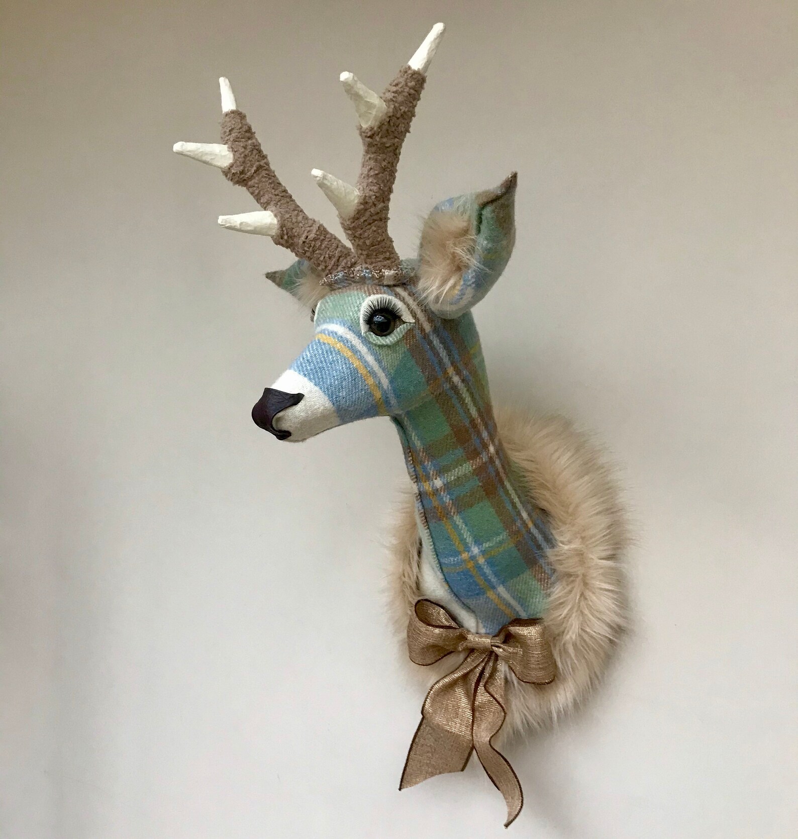 Stag Head Faux Taxidermy Handmade Duck Egg Blue Green Fabric Wall Mount ...