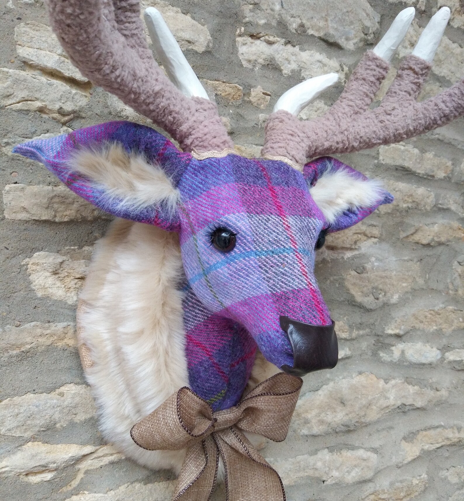 Stag Head Handmade Harris Tweed Purple Check Deer Faux - Etsy