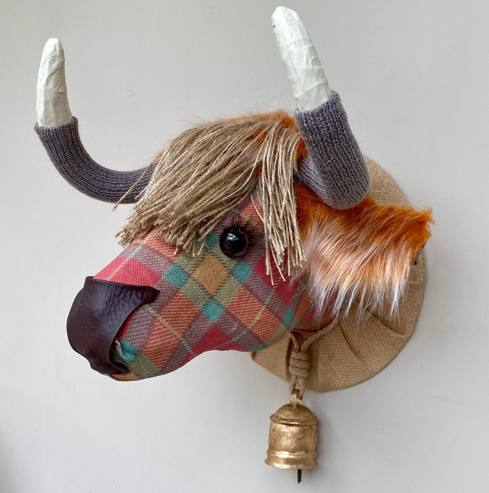Highland Cow Head Faux Taxidermy Sheil Plaid Check Fabric Wall | Etsy