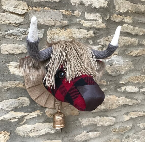 Highland Cow Head Faux Taxidermy in Black and Red Lumberjack | Etsy UK