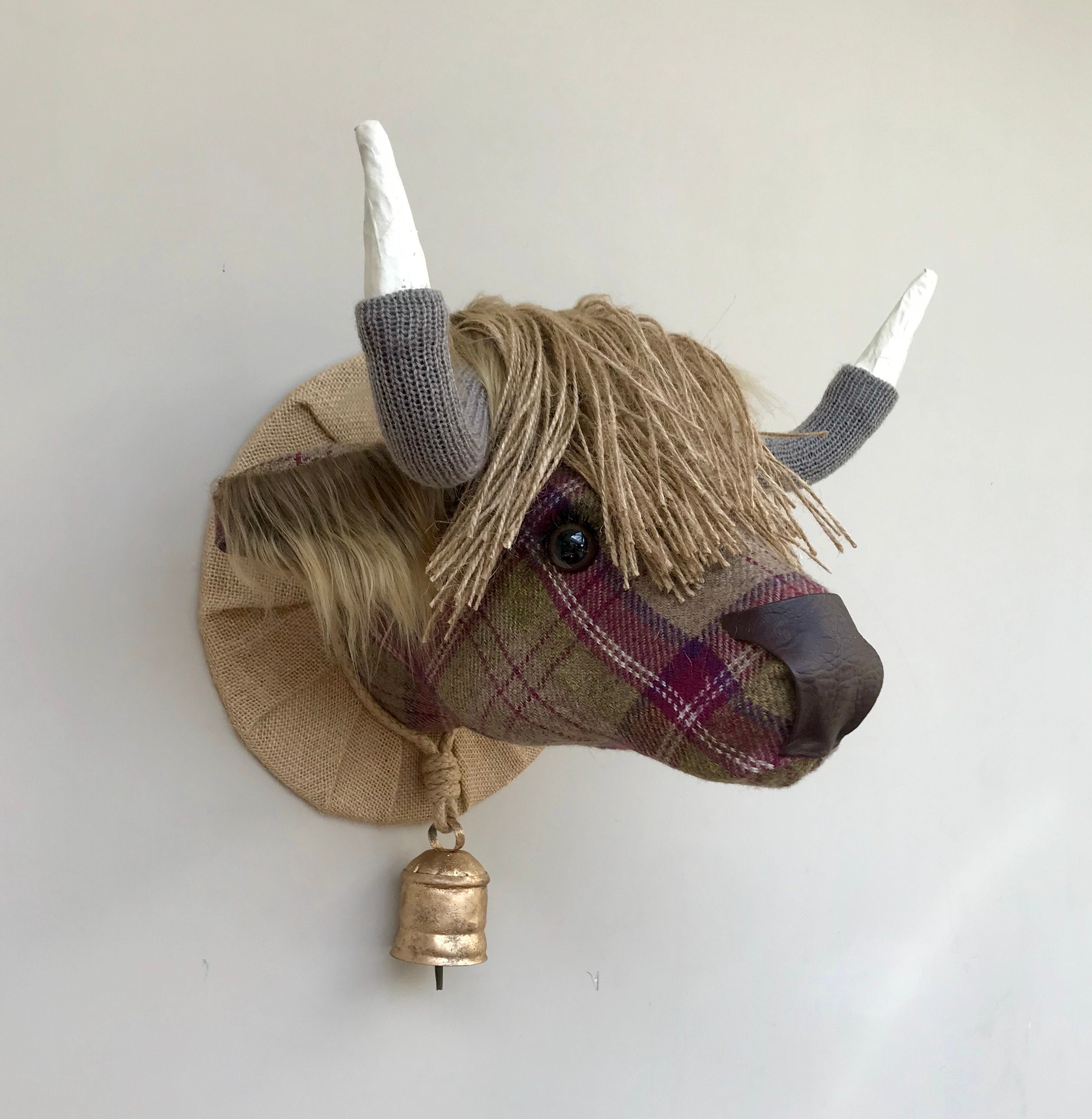 Highland Cow Head Faux Taxidermy Handmade Berry Check Tweed - Etsy UK