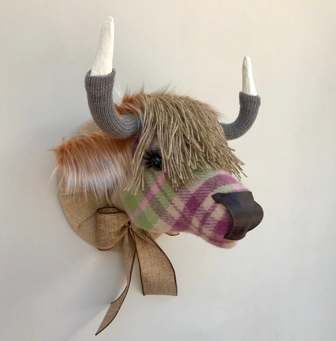 Handmade Highland Cow Head Faux Taxidermy 100% New Wool Cottage Check ...